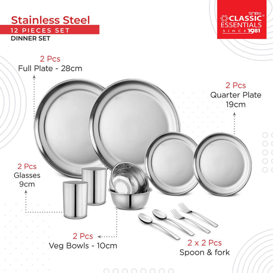 Stainless Steel 12 Piece Plain Dinner Set – Classic Essential India