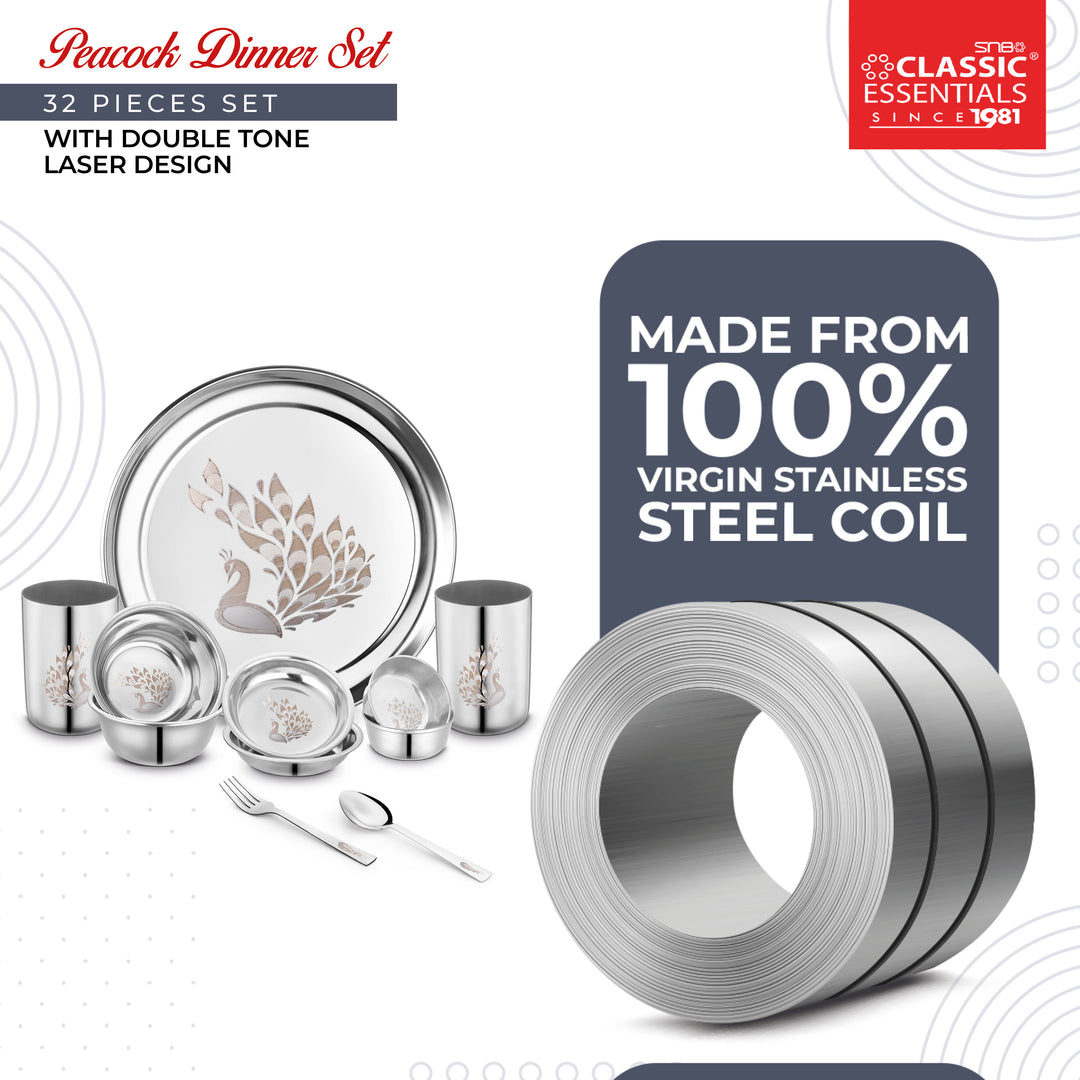 Stainless Steel 32 Piece Peacock Dinner Set – Classic Essential India