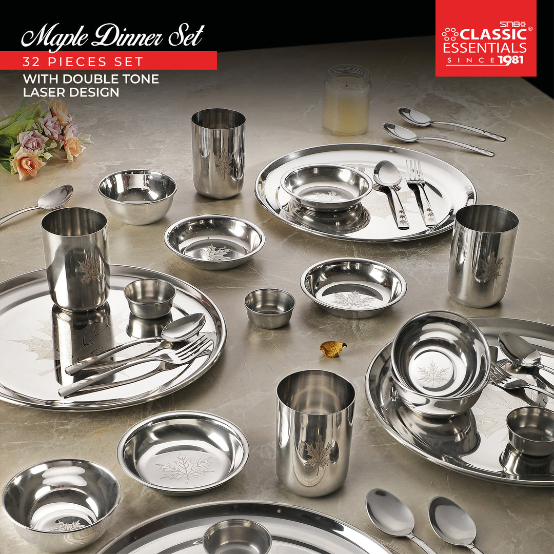 Stainless Steel 32 Piece Maple Dinner Set – Classic Essential India