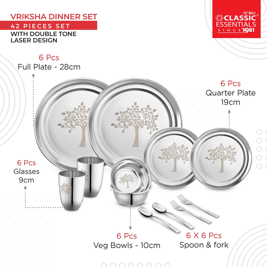 Stainless Steel Vriksha Dinner Set of 42 Pieces, Silver – Classic ...